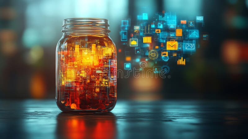 Illuminated Jar with Glowing Abstract Elements in a Digital Environment ...