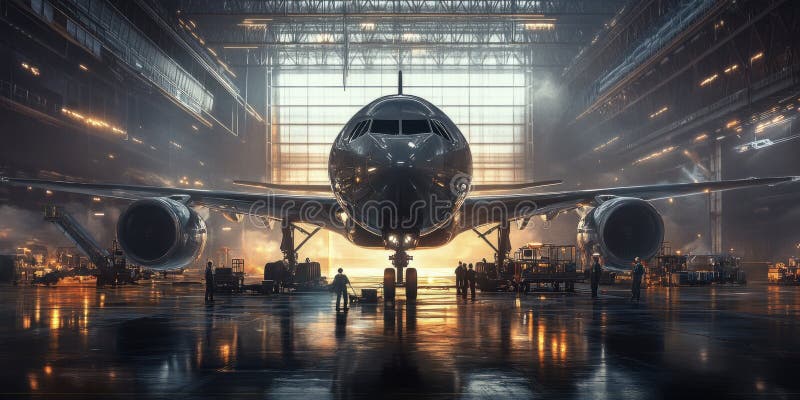 Illuminated Jet Undergoing Maintenance in a Spacious Hangar Stock ...