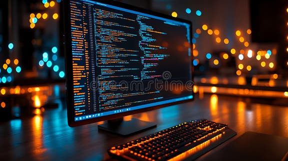 Software Development Workspace with Glowing Keyboard and Code on Screen ...