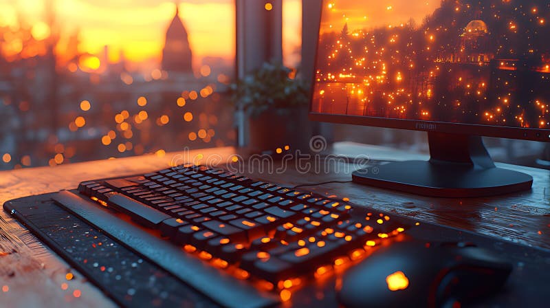 Illuminated Keyboard, Sunset City View, Desk Setup, Gaming Stock ...