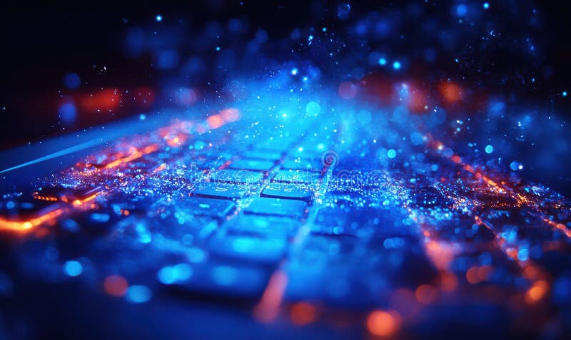 Illuminated Keyboard Surrounded by Colorful Digital Particles at Night ...