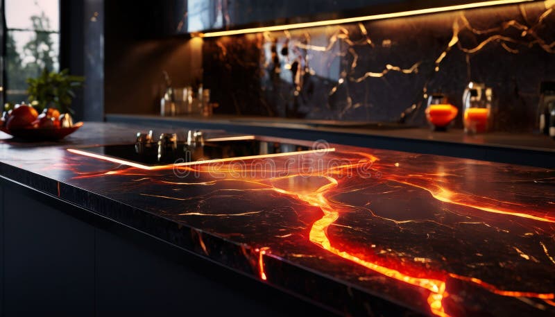 Illuminated Kitchen Countertop with Glowing Lava-like Pattern Stock ...