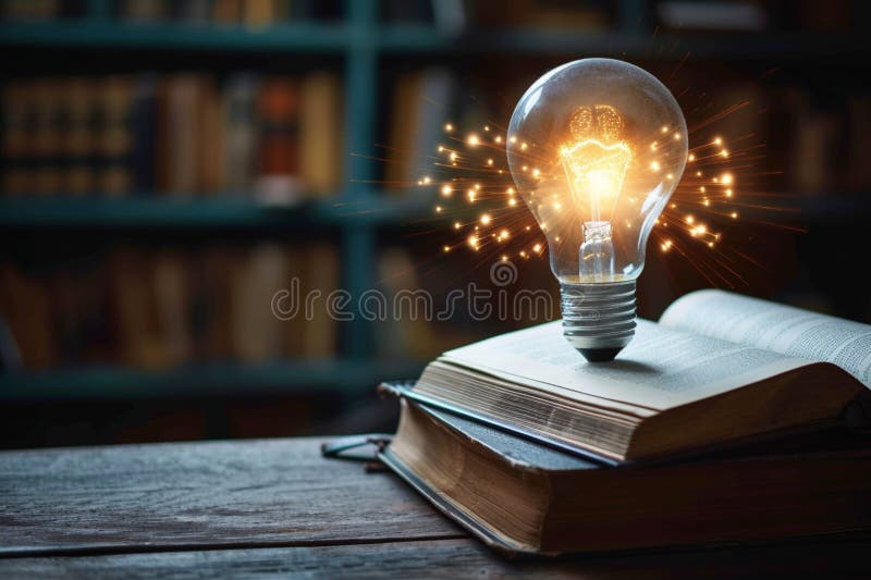 Illuminated Knowledge Light Bulbs and Books Symbolize Reading and ...