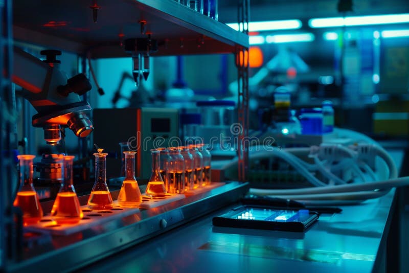 Illuminated Lab Equipment with Glowing Orange Liquid in Erlenmeyer ...