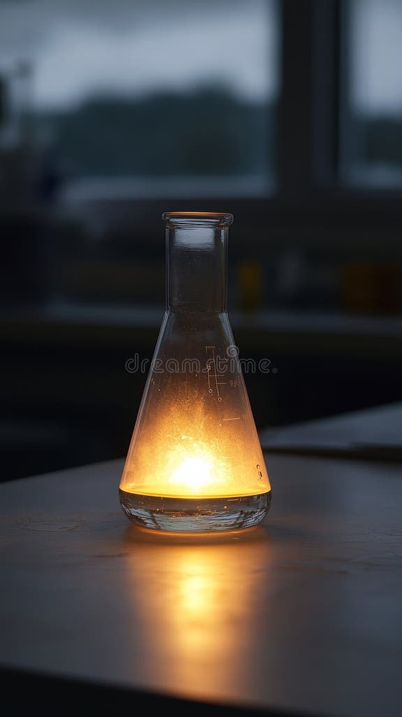 Illuminated Laboratory Flask with Glowing Light in Dark Science Lab ...