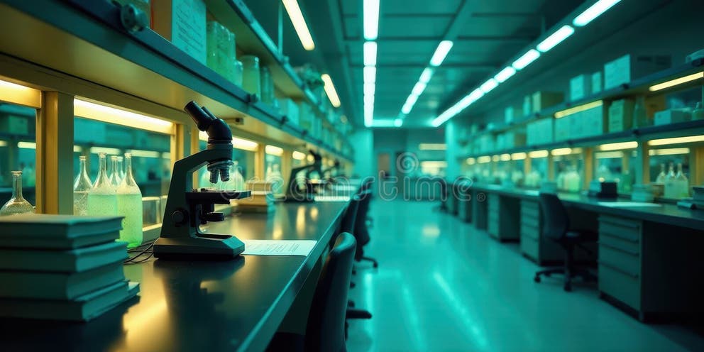 Illuminated Laboratory Interior Rows of Microscopes and Scientific ...