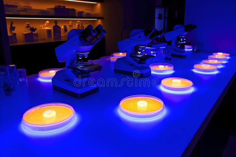 Illuminated Laboratory: Microscopes and Petri Dishes Under UV Light ...
