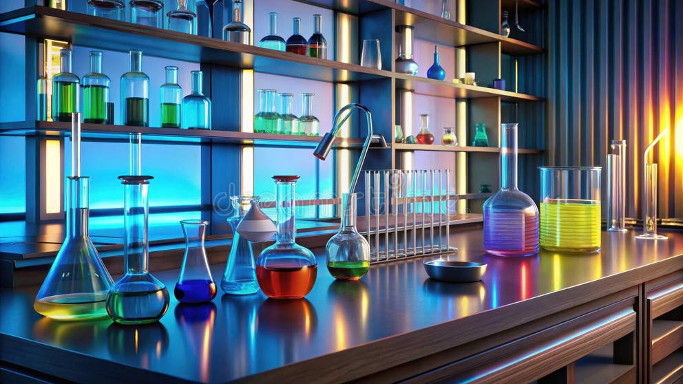 Illuminated Laboratory Workspace Featuring an Array of Glassware Filled with Vibrant Colored ...