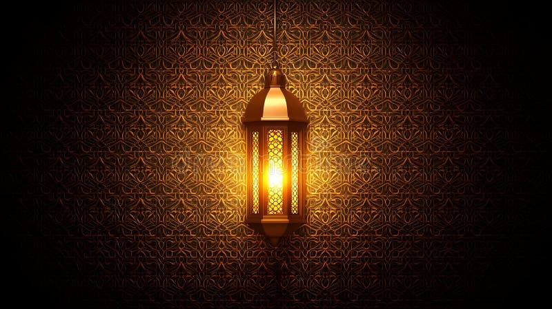 Golden Ornamental Lantern Illuminating Dark Patterned Arabesque ...