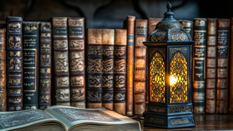 Illuminated Lantern beside Antique Books of Knowledge Stock ...