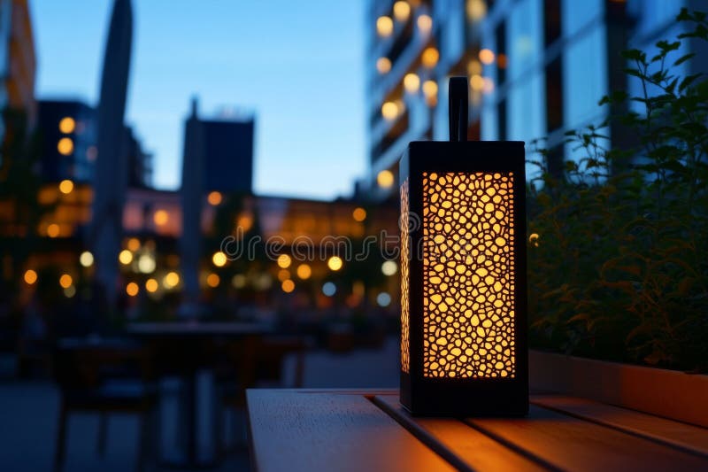 An Illuminated Lantern Sat on a Wooden Table in the Garden Cafe Setting ...