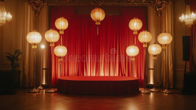 Illuminated Lanterns Adorn Red Draped Stage Setting Stock Illustration ...