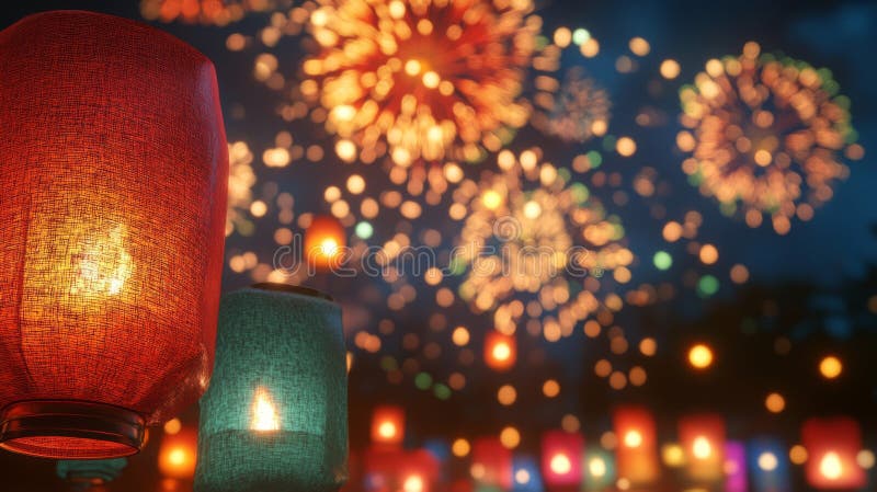 Illuminated Lanterns Against a Blurred Fireworks Display Stock ...
