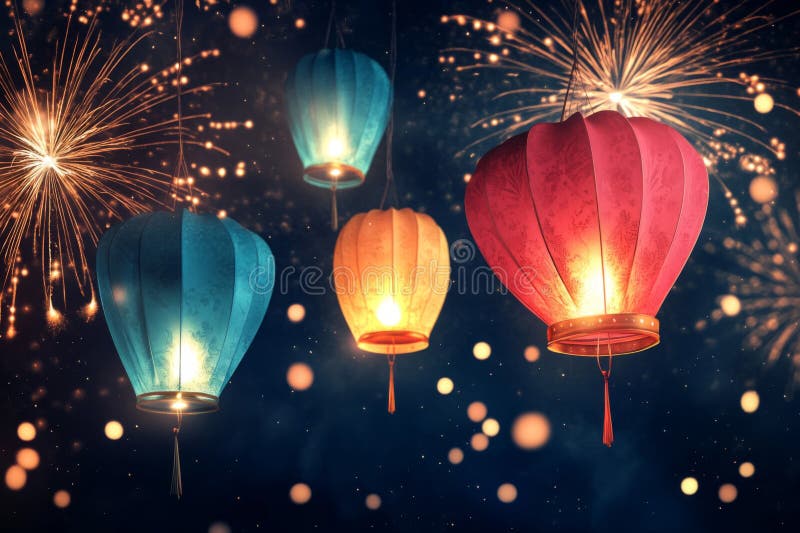Illuminated Lanterns and Fireworks in the Night Sky Stock Illustration ...