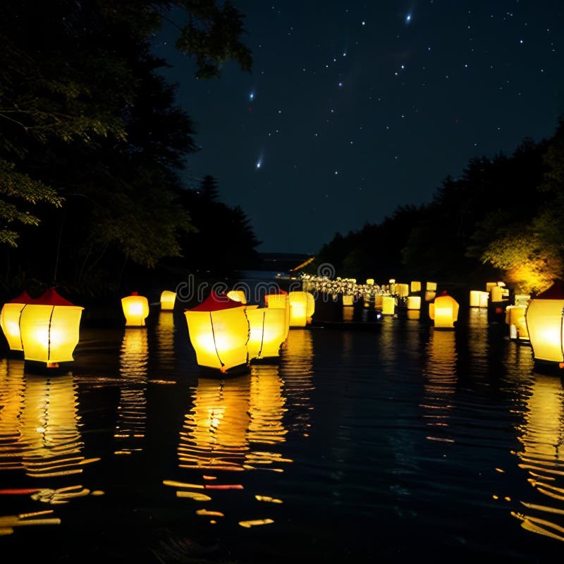 Illuminated Lanterns Float Gracefully on a Tranquil River at Night ...