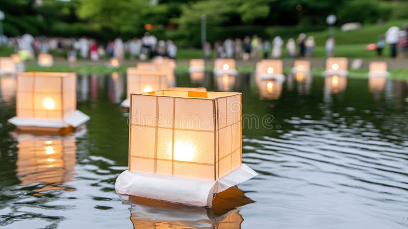 Illuminated Lanterns Float on Park Pond, Evening Ceremony Stock Image ...