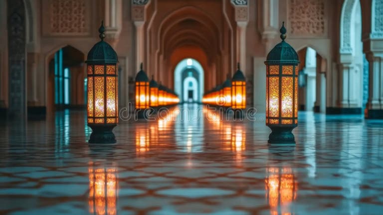 Illuminated Lanterns Line a Grand Mosque Corridor Stock Illustration ...