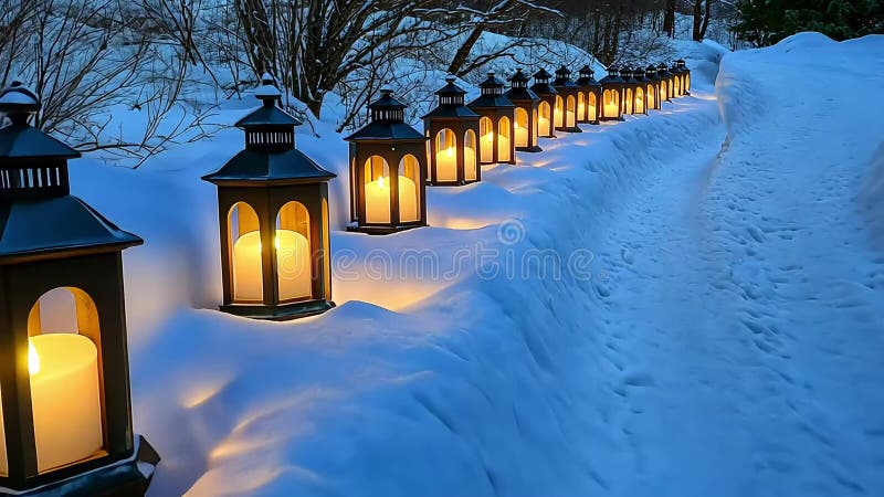 Illuminated Lanterns Line a Snow-covered Path, Creating a Magical ...