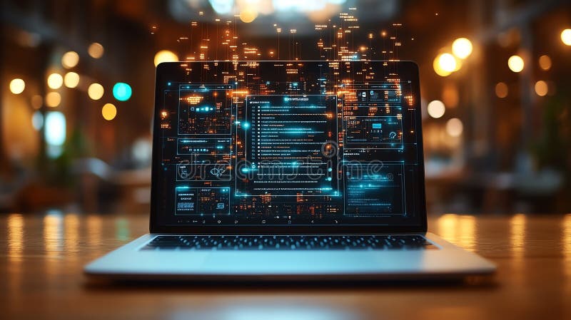 Illuminated Laptop with Digital Data Visualization on Screen in a Cozy ...
