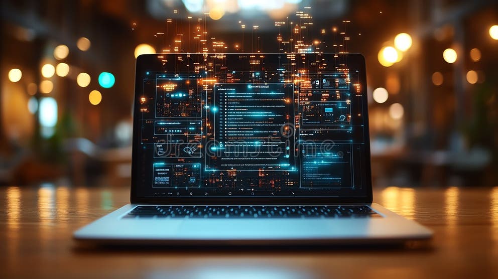 Illuminated Laptop with Digital Data Visualization on Screen in a Cozy ...