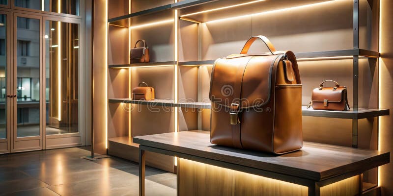 Illuminated Leather Goods Display in Modern Retail Setting. Generative ...