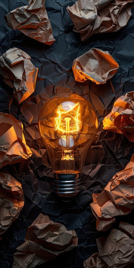 Illuminated Light Bulb Amidst Crumpled Paper, Symbolizing a Creative ...