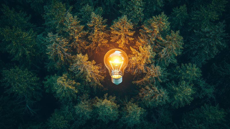 Illuminated Light Bulb Amidst Dense Forest Canopy at Night Stock Image ...
