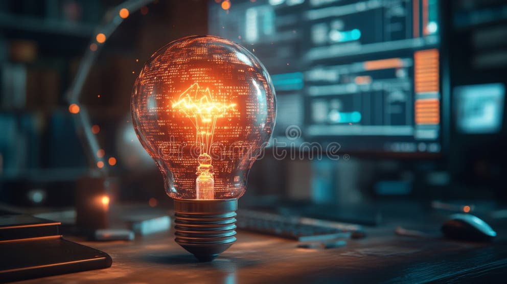 Illuminated Light Bulb with Binary Code and Graph Stock Illustration ...