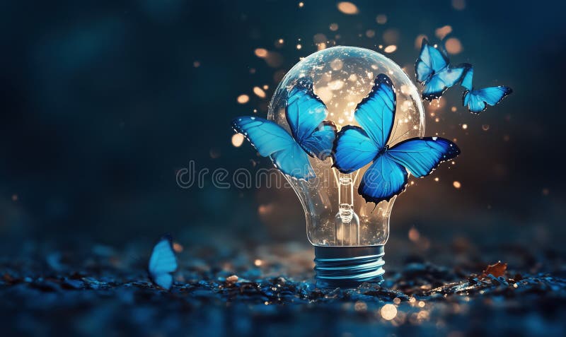 Illuminated Light Bulb with Blue Butterflies Emerging, Symbolizing ...