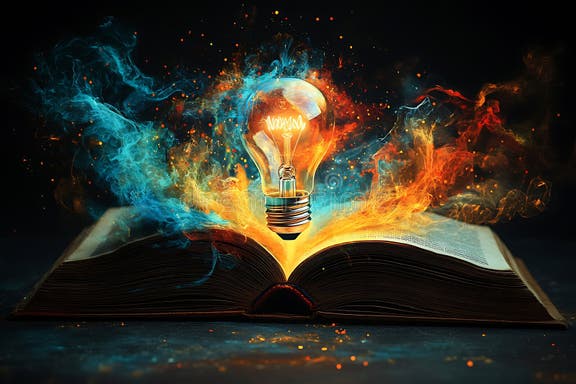 Illuminated Light Bulb and Book Representing Knowledge and Creative ...