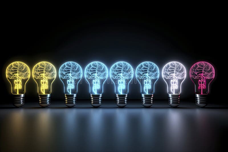 Illuminated Light Bulb with Brain Inside in a Row. One Different ...