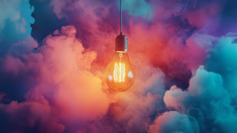 Illuminated Light Bulb with Colorful Cloud Background, Creative Concept ...