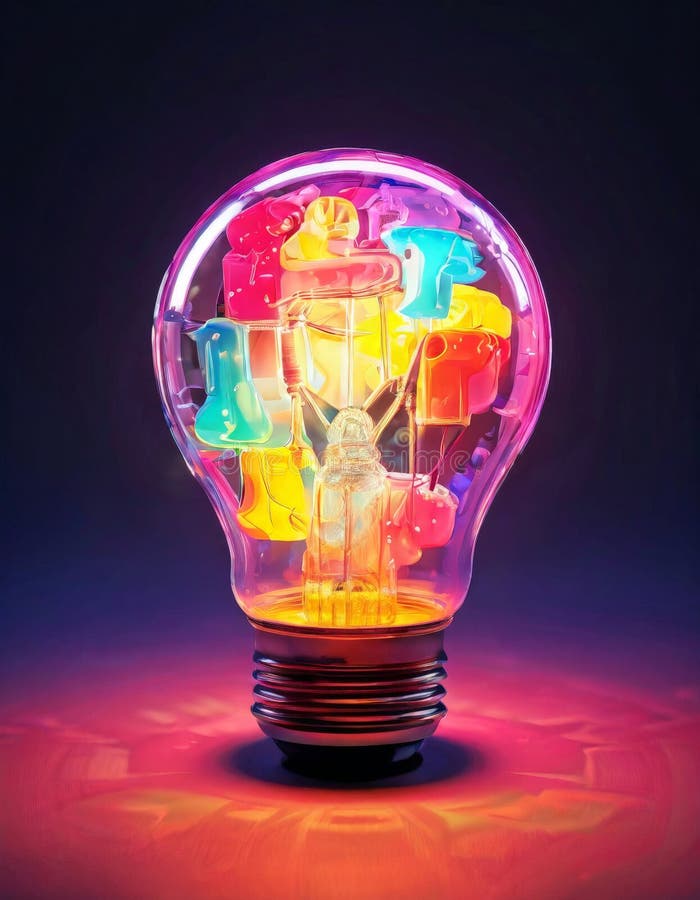 Illuminated Light Bulb with Colorful Interior Objects Stock Photo ...