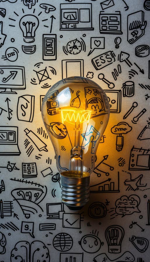 Illuminated Light Bulb with Creative Doodles and Engineering Concepts ...