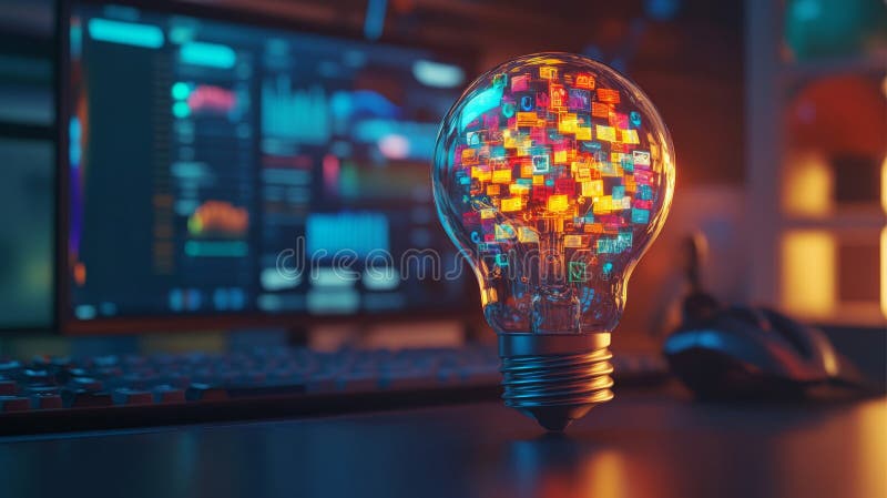 Illuminated Light Bulb with Digital Data Inside on a Desk Stock Image ...