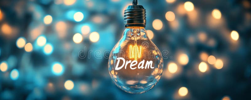 Illuminated Light Bulb with Dream Text Against Bokeh Background ...