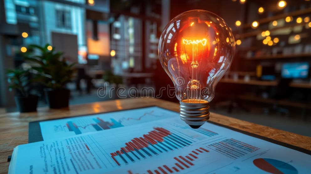 Illuminated Light Bulb Floating Above Financial Charts and Graphs Stock ...