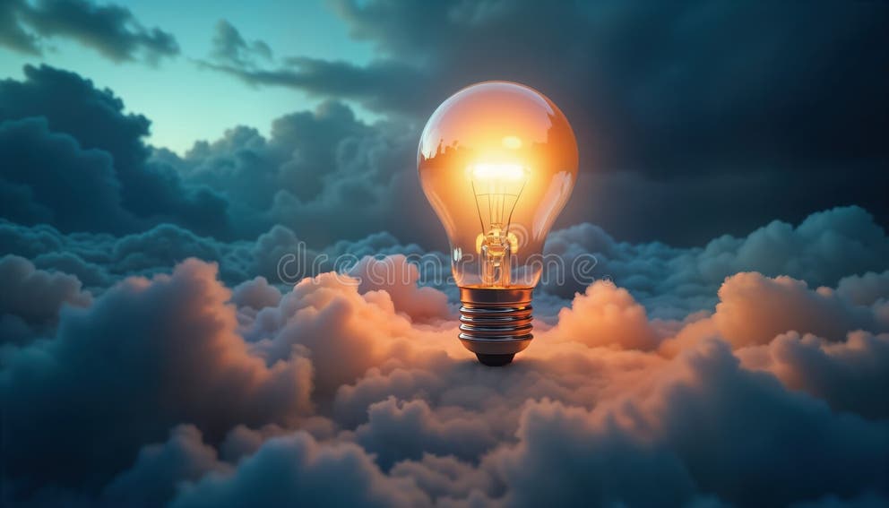 Illuminated Light Bulb Floats Above Clouds Innovation, Creative Solutions. Bright Light Suggests ...