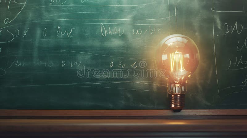 Illuminated Light Bulb in Front of Blackboard with Scientific Formulas ...