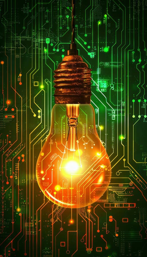 Illuminated Light Bulb in Futuristic Circuit Board Design Depicting ...
