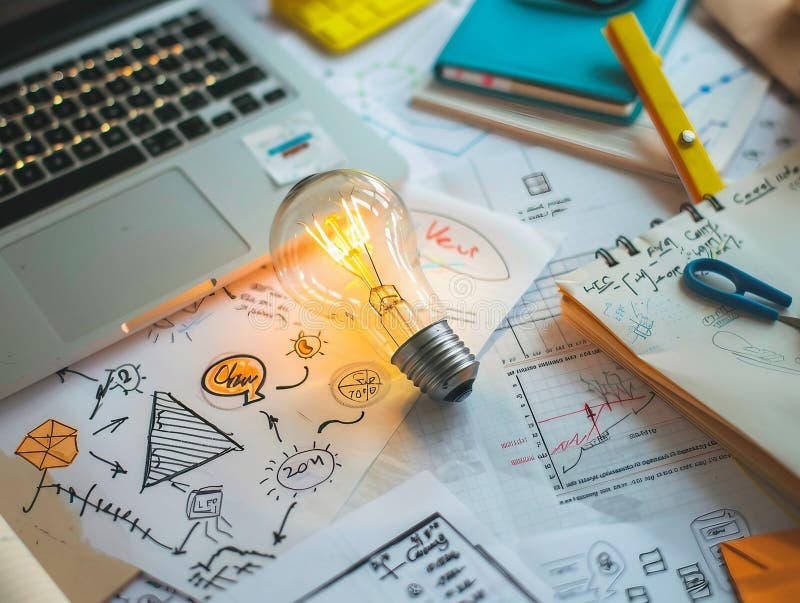 Illuminated Light Bulb on Graph Paper with Scribbles and Charts in a ...