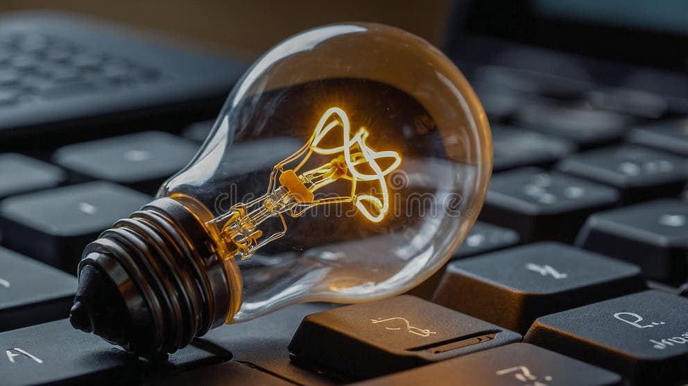 Illuminated Light Bulb on a Keyboard Symbolizing Innovation Stock ...