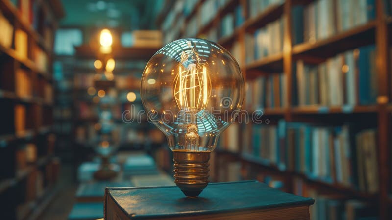 Illuminated Light Bulb in Library Setting Stock Illustration ...