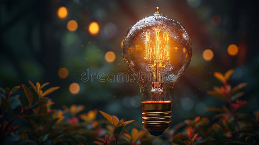 Illuminated Light Bulb in a Magical Garden at Dusk Stock Photo - Image ...