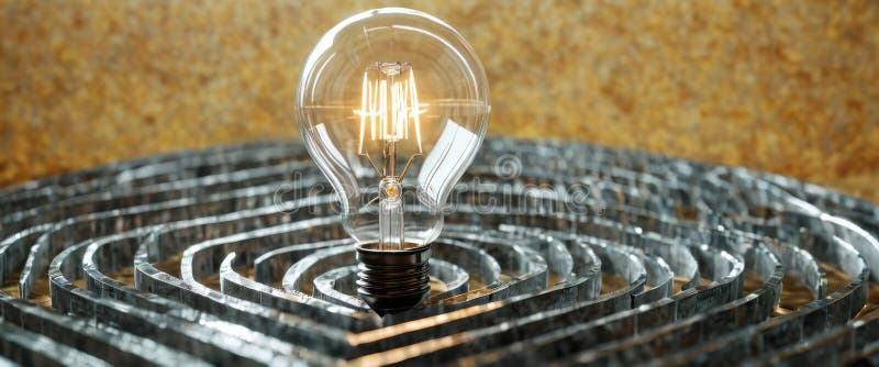 Illuminated Light Bulb in Metal Maze Stock Image - Image of puzzle ...