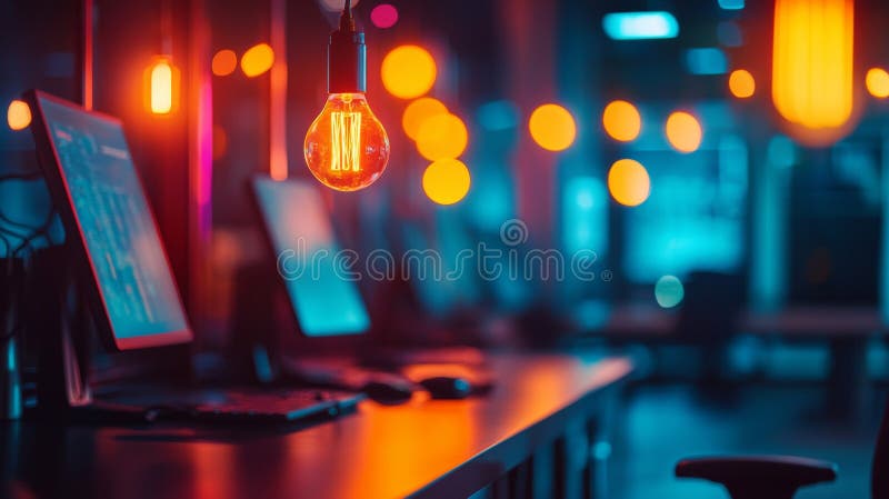 Illuminated Light Bulb in Modern Workspace with Bokeh Lights Stock ...