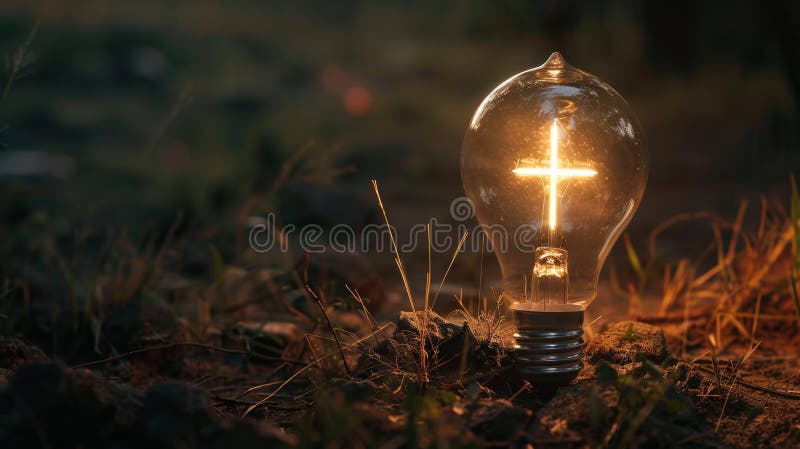 Illuminated Light Bulb in Nature at Dusk Stock Photo - Image of ...