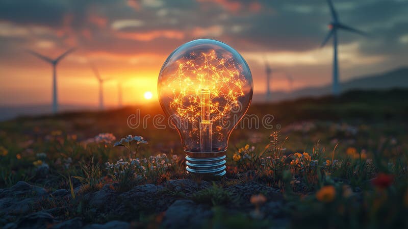 Illuminated Light Bulb with Network Lines in Renewable Energy Field ...