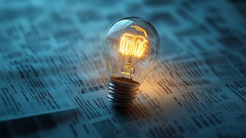 Illuminated Light Bulb on Newspaper Background Stock Illustration ...