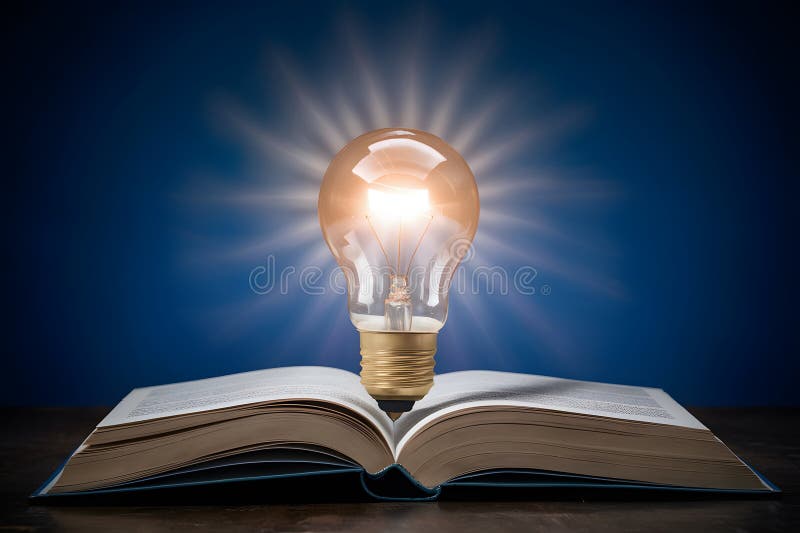 Illuminated Light Bulb on Open Book with Blue Background Symbolizes ...